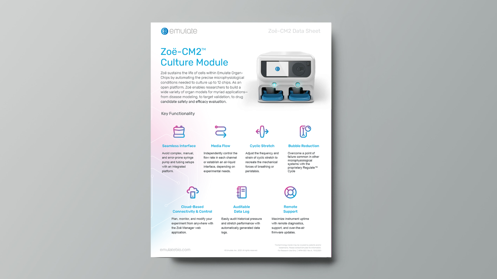 Zoë-CM2® Culture Module | Emulate Datasheet